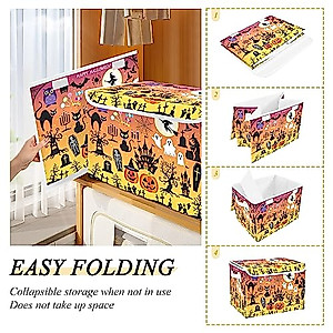 Krafig Halloween Party Foldable Storage Box Canvas Storage Bin Containers Baskets with Lids Handles Cubby Organizer Bins