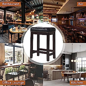 Backless Bar Stools Set of 2, 24 Inch Saddle Seat Bar Stools Counter Height with Footrest, PU Leather Kitchen Counter Stools Set of 2(Brown)