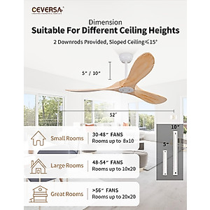 Ceversa 52 Inch Solid Wood Ceiling Fan No Light Remote Control,Outdoor Curved Real Wood Ceiling Fan Without Light 3 Blades Natural Wood Craftmade Quiet for Patio Farmhouse Living Room Bedroom Office