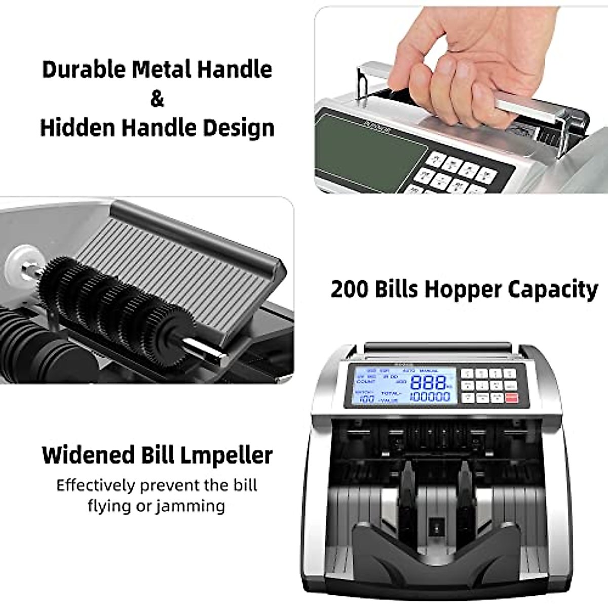 Money Counter Machine PONNOR with Value Count, Dollar, Euro with UV/MG/IR/DD/DBL/HLF/CHN Counterfeit Detection, Bill Cash Counting, Large LCD Display