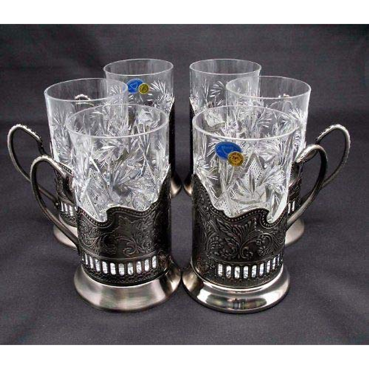 Combination 6 Russian CUT Crystal Drinking Tea Glasses W/metal Glass Holders "Podstakannik" for Hot or Cold Liquids