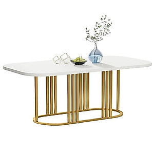 Tribesigns Gold Dining Table for 6, 71” Modern White Kitchen Table, Rectangular Dining Room Table with Heavy Duty Oval-Shaped Metal Frame, White/Gold