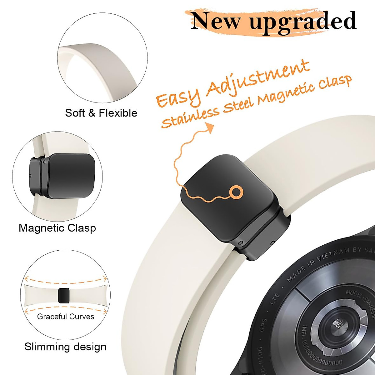 Magnetic Silicone Bands for Samsung Galaxy Watch 7 6 5 4 FE 40mm 44mm,20mm Soft Silicone with D-Buckle Slim Wistband Sport Strap for Galaxy Watch 6 classic/5 Pro/4 Classic/Active 2 Band Women Men