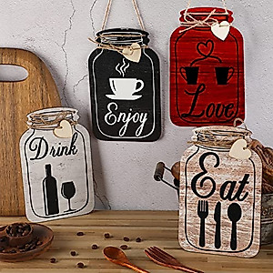 Yalikop 4 Pcs, Wall Decor Eat Drink Enjoy Love Wood Sign Mason Jar Shaped Wooden Rustic Home Decor for Home Kitchen Dining Room Bar Cafe Decor (White, Brick Red, Light Brown, Black, Retro Style)