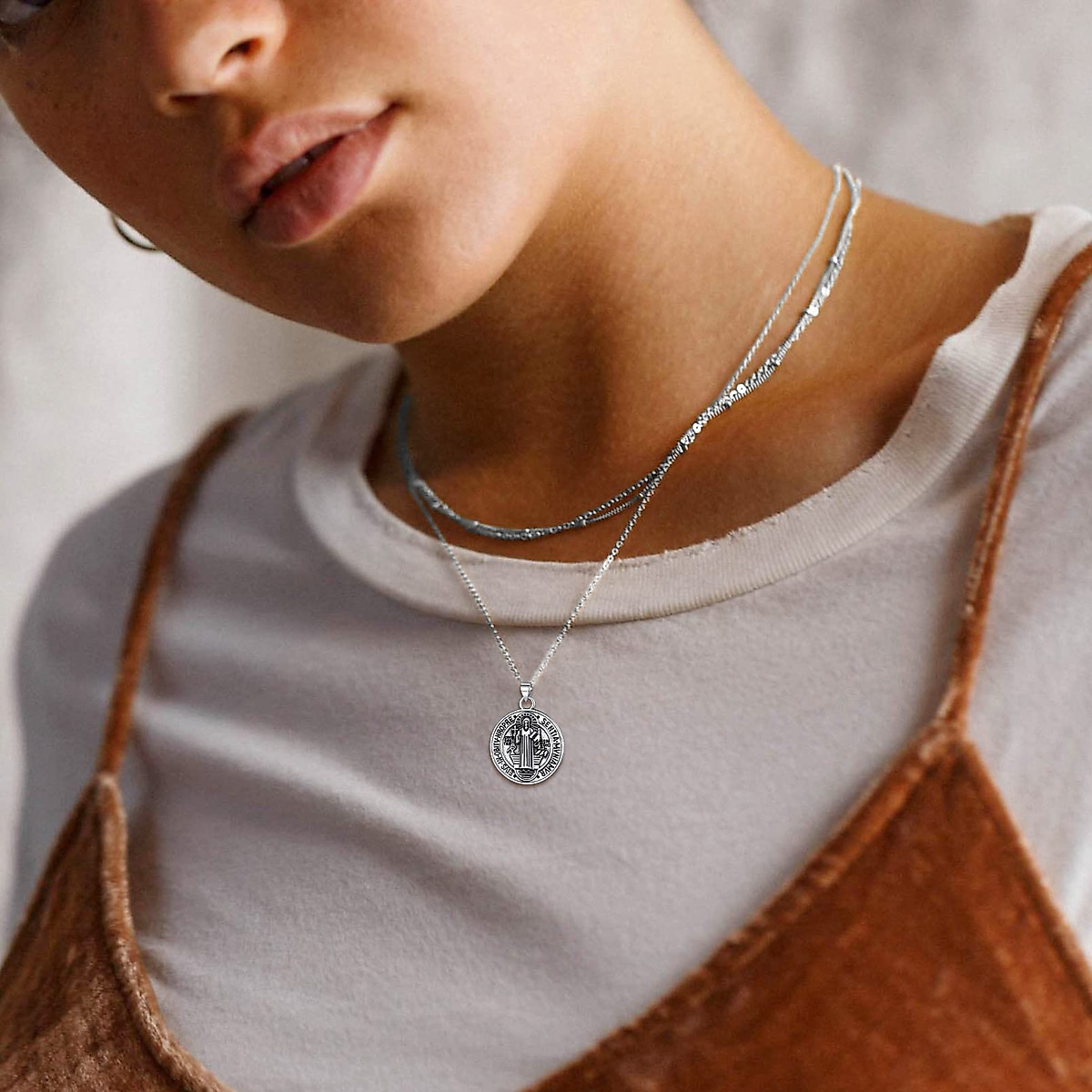 Nofade Silver Saint Benedict Cross Necklace for Men Women, 925 Sterling Silver Round St Benedict Pendant Necklace Coin Medallion Necklace Talisman Amulet Jewelry