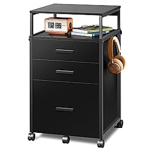 DEVAISE File Cabinet with Storage Drawers, Rolling Printer Stand with Adjustable Shelves, Wood Filing Cabinet for Home Office, Black
