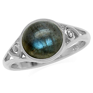 Silvershake 9mm Round Shape Labradorite White Gold Plated 925 Sterling Silver Filigree Swirl Ring Size 5