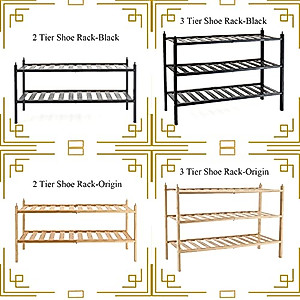 Lettimi Shoe Rack - 2 Tier, Premium Bamboo Shoe Organizer and Stackable Shoe Shelf Storage Organizer for Entryway, Shoe Cubby, Bathroom, Hallway, Closet or Living Room (2 Tiers, Black)