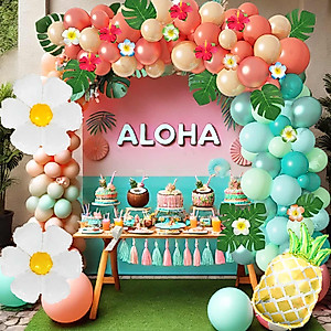 Tropical Balloon Garland Arch Kit - 12", 10", 5" Rose Gold, Blush Blue Balloons with Artificial Palm Leaves & Plumeria for Magic, Tropical, Hawaii, Luau-Themed Birthday Party, Baby Shower Decorations