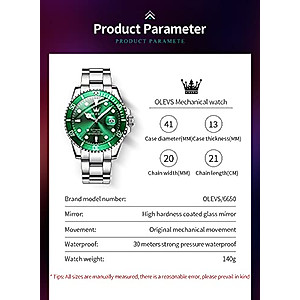 Men Automatic Wirst Watches Self Winding Silver And Green Automatic Watches for Men Mechanical Waterproof Big Face Stainless Steel Date No Battery Watches Man Luminous Submariner Wristwatch Gift