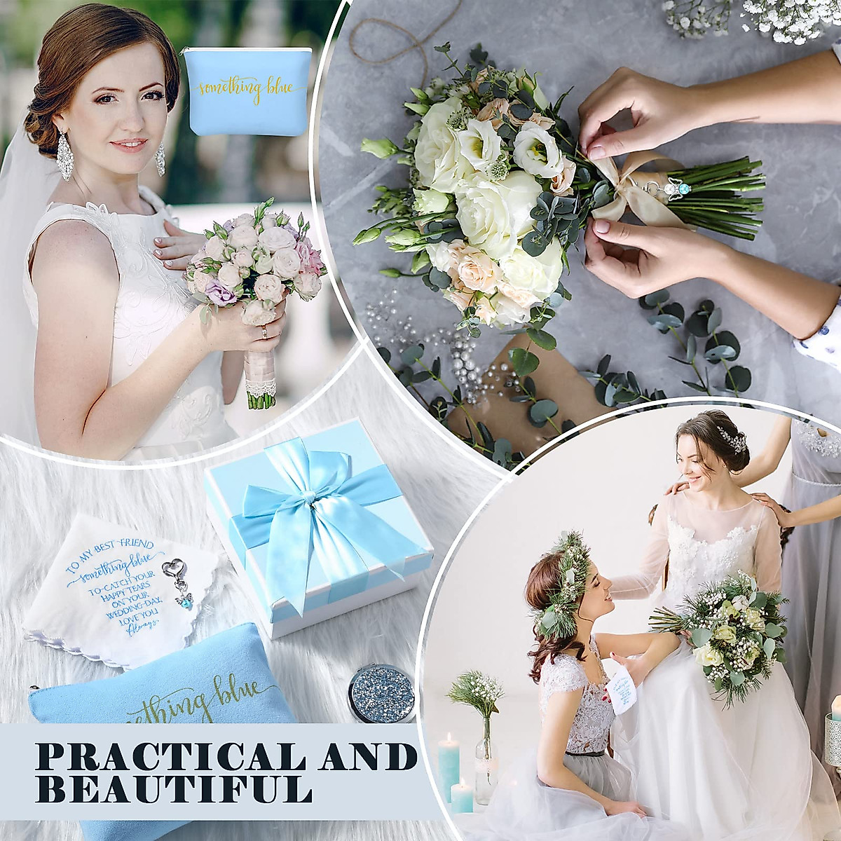 Set of 5 Something Blue Wedding Gift for Bride to My Best Friend Wedding Embroidered Handkerchief Angel Bouquet Charm Something Blue Bridal Cosmetic Bag Diamond Compact Mirror Blue Raffia Gift Box