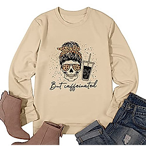 MOUSYA Halloween Skeleton Sweatshirt Women Skull Shirt Funny Coffee Skeleton Hoodie Fall Long Sleeve Pullover Tops
