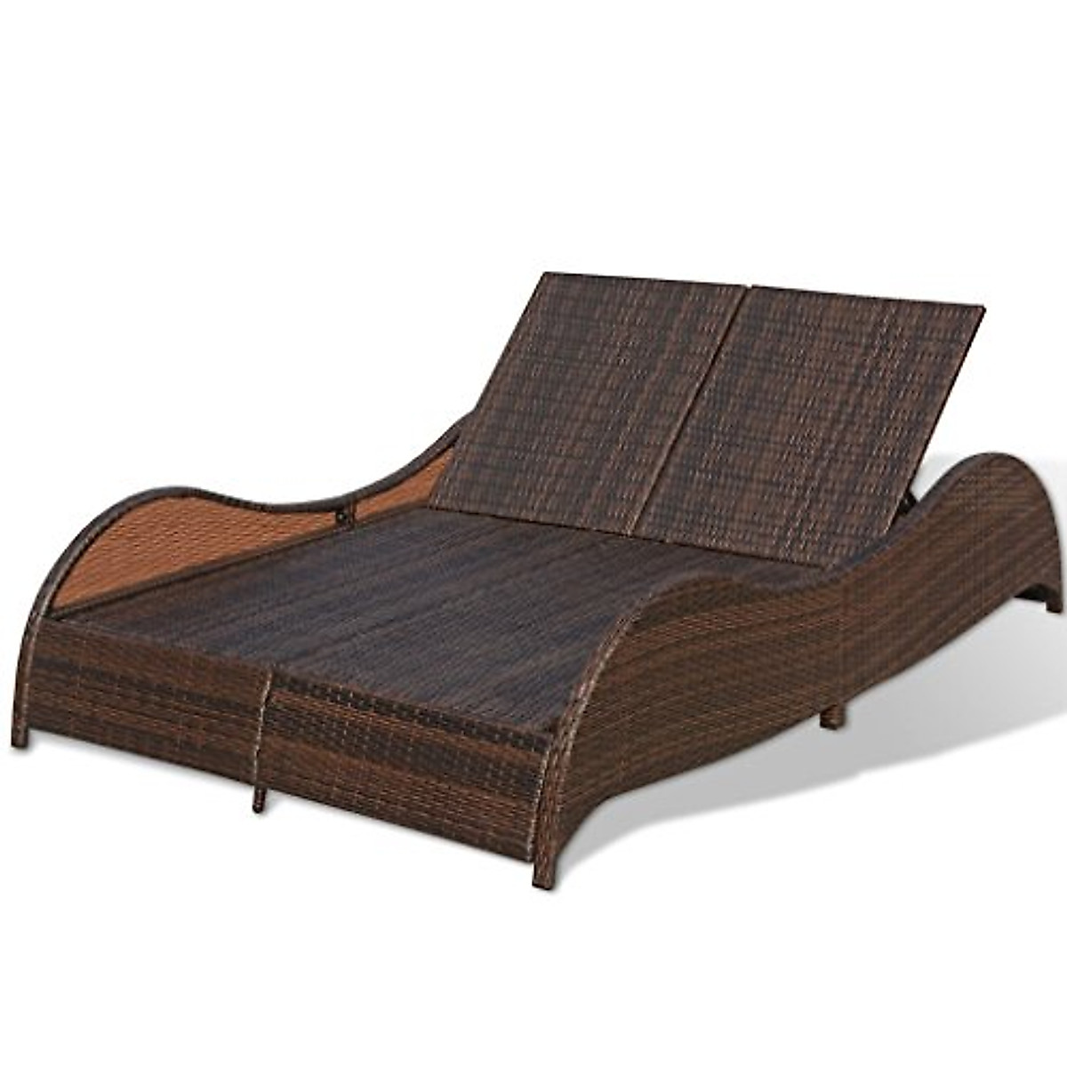 Festnight 2-Person Patio Sun Lounger Bed Brown Rattan Garden Daybed Chaise Lounger with Adjustable Backrests and Cushion Outdoor Backyard Lawn Furniture 79" x 52" x 18" (L x W x H)