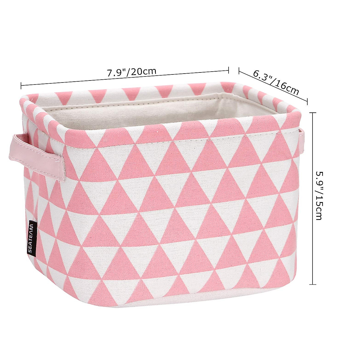 Sea Team Foldable Mini Square New Pink and White Geometric Theme 100% Natural Linen & Cotton Fabric Storage Bins Storage Baskets Organizers for Shelves & Desks - Set of 4 (Pink)