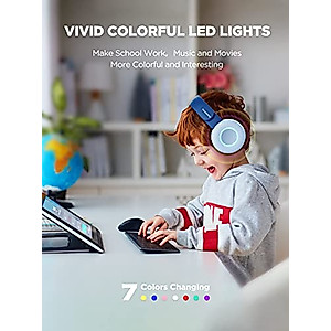 BIGGERFIVE Kids Wireless Bluetooth Headphones with 7 Colorful LED Lights, 50H Playtime, Microphone, 85dB/94dB Volume Limited, Foldable On Ear Headphones for School/Girls/Boys/iPad/Fire Tablet, Blue