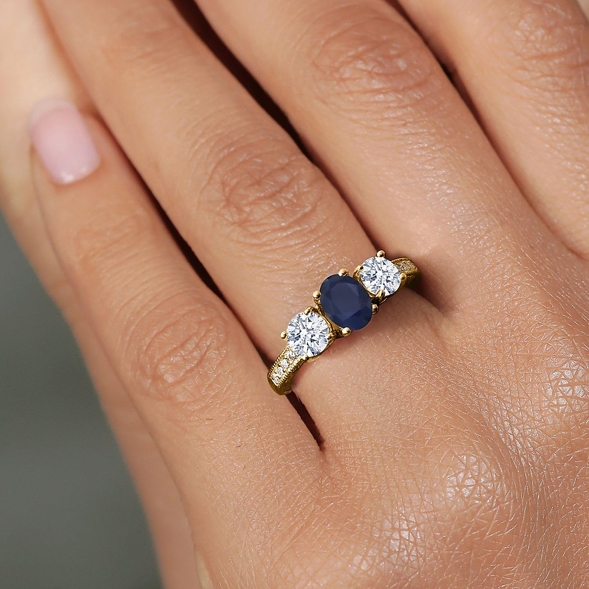 Gem Stone King 18K Yellow Gold Plated Silver Blue Sapphire Engagement Ring | 3-Stone Ring For Women | 2.64 Cttw | Oval 7X5MM | Available In Size 5, 6, 7, 8, 9