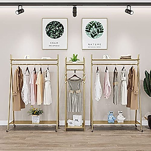 Clothes rack Gold, Freestanding Industrial Garment Rack with Double shelves Multi-functional Bedroom Hanging Clothing Rack,Heavy Duty Movable Coat Rack for Organizing Clothes and Shoes (59'' L)