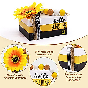 Huray Rayho Sunflower Wood Mini Book Stack Fall Tiered Tray Decor Hello Sunshine Summer Mini Faux Books Bundle Wood Bead Garland Yellow White Black Buffalo Plaid Farmhouse Shelf Sitter Decor Set of 3