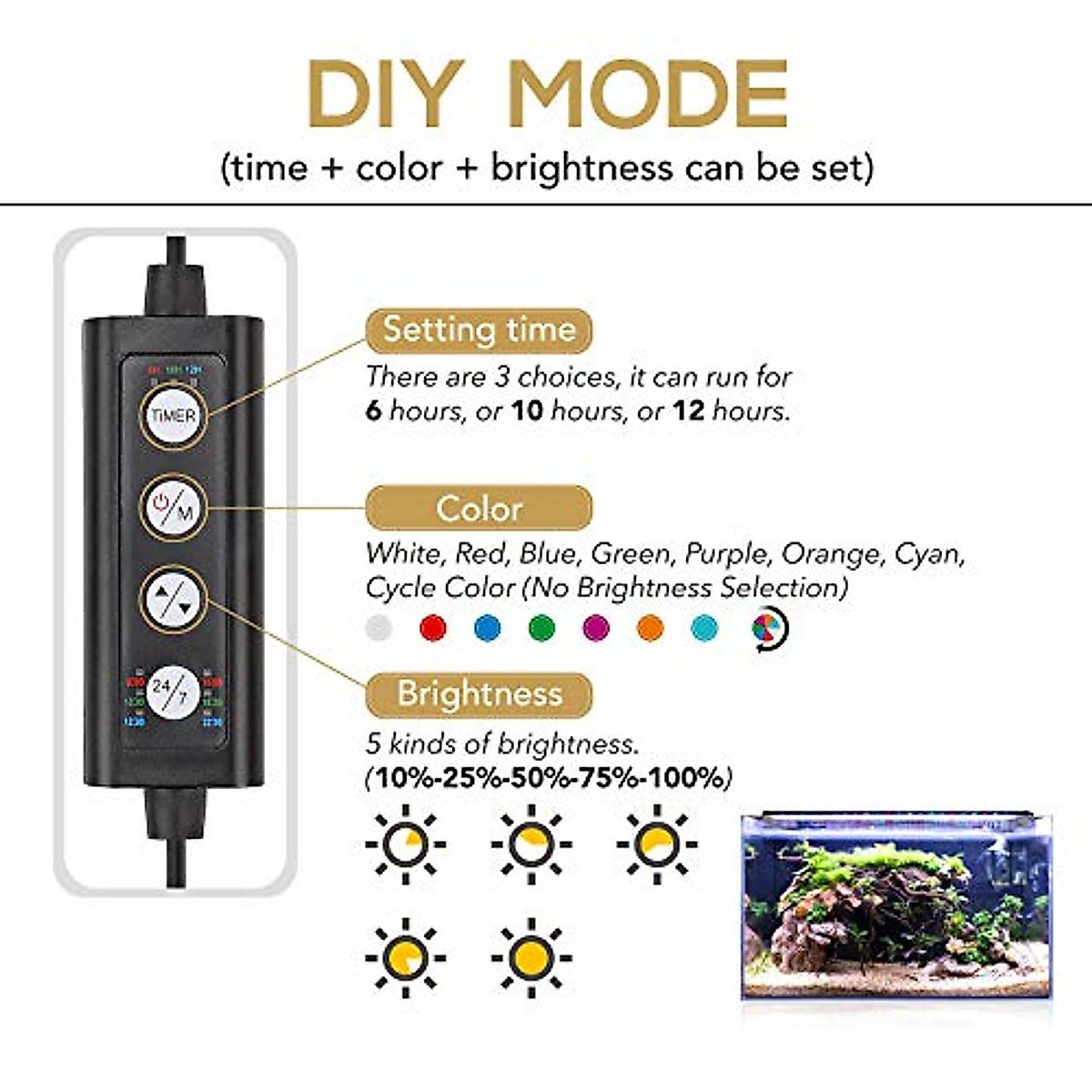 hygger 14W 24/7 Lighting Aquarium LED Light, Sunrise-Daylight-Moonlight Mode and DIY Mode, Adjustable Timer Adjustable Brightness Fish Tank Light with Extendable Bracket 7 Colors for Planted Tank