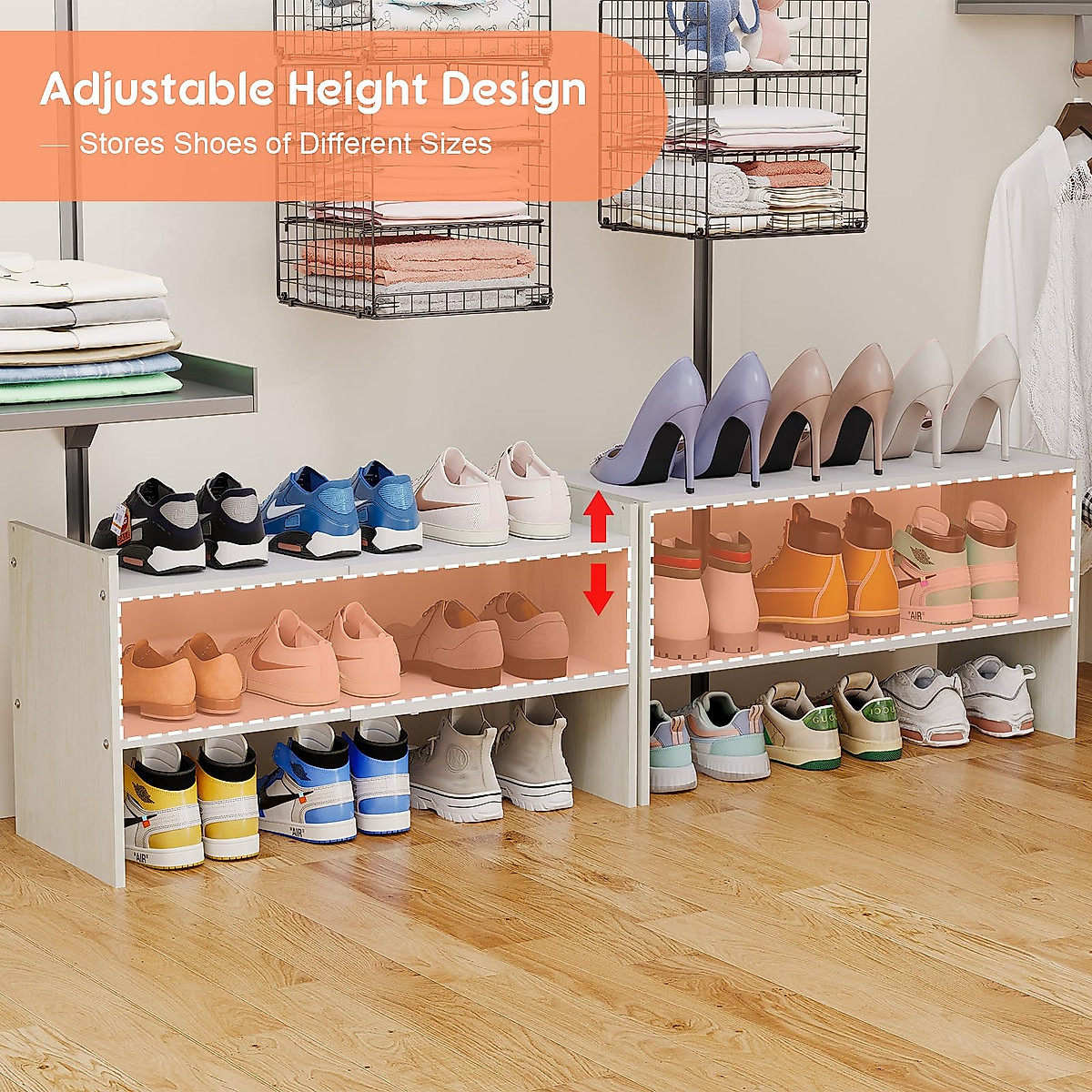2-Tier Small Shoe Rack Organizer for Closet, Expandable and Adjustable White Shoe Rack, Stackable Iron Wood Combination Shoe Shelves for Closets, Entryway, Small Space, Hallway, Garage