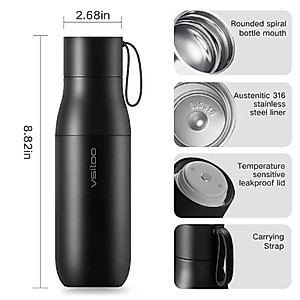 VSITOO Triple Insulated Water Bottle with Carry Handle - 15 oz Insulated Stainless-Steel Rechargeable Water Bottle with Water Quality Detection, Keep Drink Hot/Cold, BPA Free,Perfect for Travel or Gym