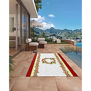 Fall Outdoor Patio Rugs Sunflower Pumpkin Maple Leaf Outdoor Area Rug Harvest Wreath Non-Slip Backyard/Camping RV Rug/Deck/Porch Rug Front Door Floor Mat Carpet,5x8ft,