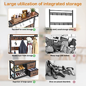 Lulive Hall Tree, 31.5” Entryway Bench with Coat Rack freestanding, 5 in 1 Intelligent Design Shoe Bench and Wall Rack 17 Hooks and Drawers (Rustic Brown)