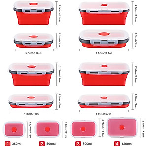 Dandat 16 Pcs Collapsible Food Storage, Silicone Food Storage Containers with Lids Including 8 Round Bowls, 8 Rectangle Bowls Collapsible Freezer Bowls Sets for Dishwasher Freezer Safe (Red)