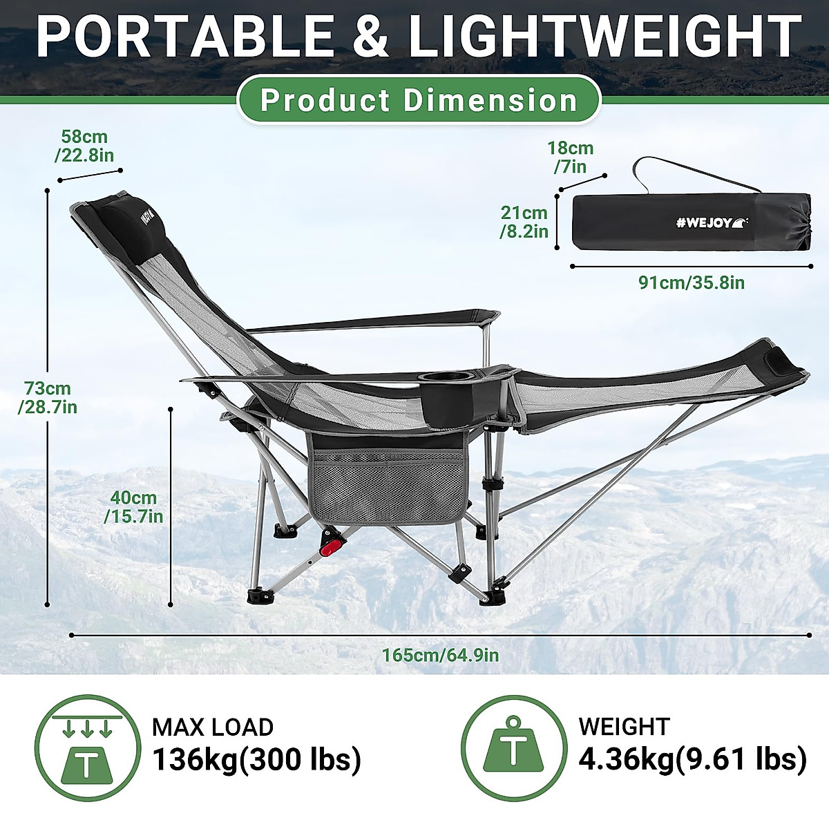 #WEJOY 2-in-1 Reclining Camping Chair with Removable Umbrella Lightweight Folding Camping Chair with Adjustable Backrest & Footrest Portable Patio Lounge Chair with Headrest, Cup Holder for Outdoor