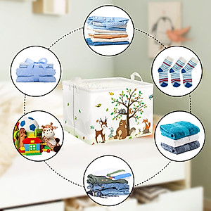 Clastyle Woodland Animals Bear Fox Raccoon Tree Baby Gift Storage Basket Deer Owl Collapsible Rectangular Shelf Basket Toy Book Clothes Towel Storage Bin for Nursery