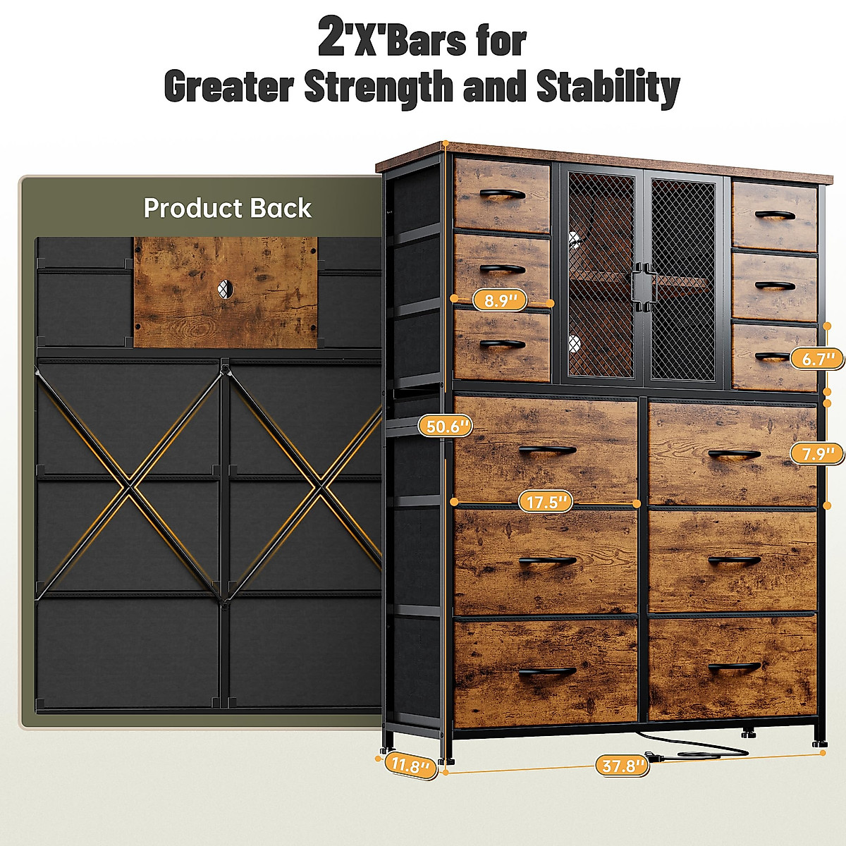 EnHomee Tall Dresser for Bedroom with 12 Drawer Dressers & Chests of Drawers for Closet with Power Outlets & LED Lights Large Dresser Organizer for Bedroom with Mesh Door, Rustic Brown