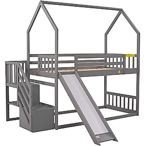 Bellemave House Bunk Beds with Stairs and Slide Low Twin Over Twin Solid Wood Floor Bunk Bed for Kids Girls Boys Teens, Gray