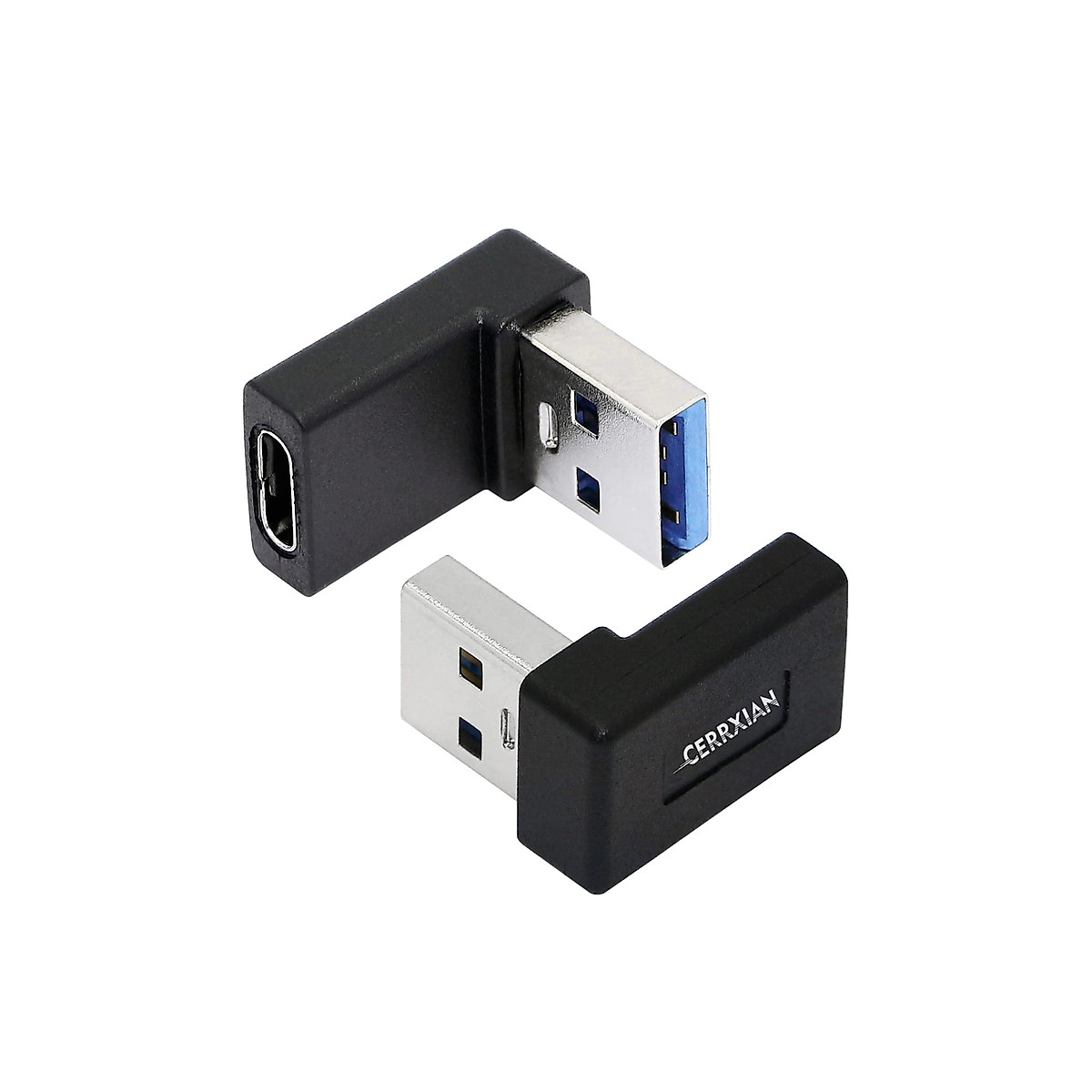 CERRXIAN Right Angle USB C to USB A Adapter, Up Angle & Down Angle USB A 3.0 Male to USB Type C 3.1 Female Connector Adapter for Laptops, Wall Chargers, Power Banks(2-Pack)