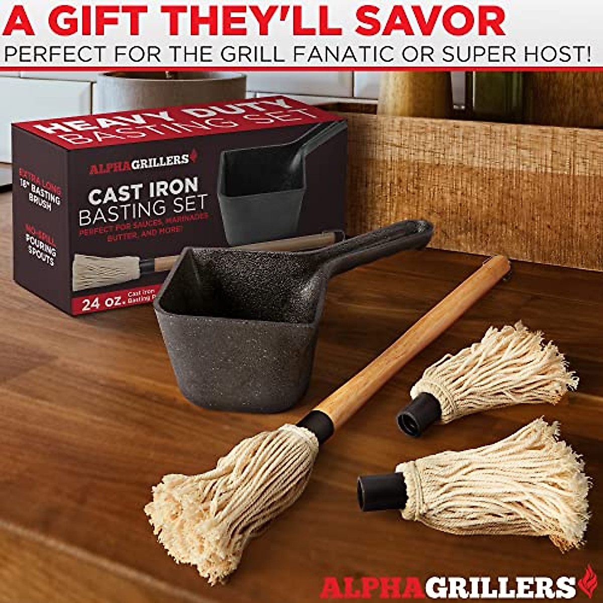 Alpha Grillers Cast Iron Pot & BBQ Brushes for Sauce - 24 oz Cast Iron Saucepan & Basting Brush BBQ Mop - Gifts for Dad - Premium Cast Iron Cookware & Grilling Accessories