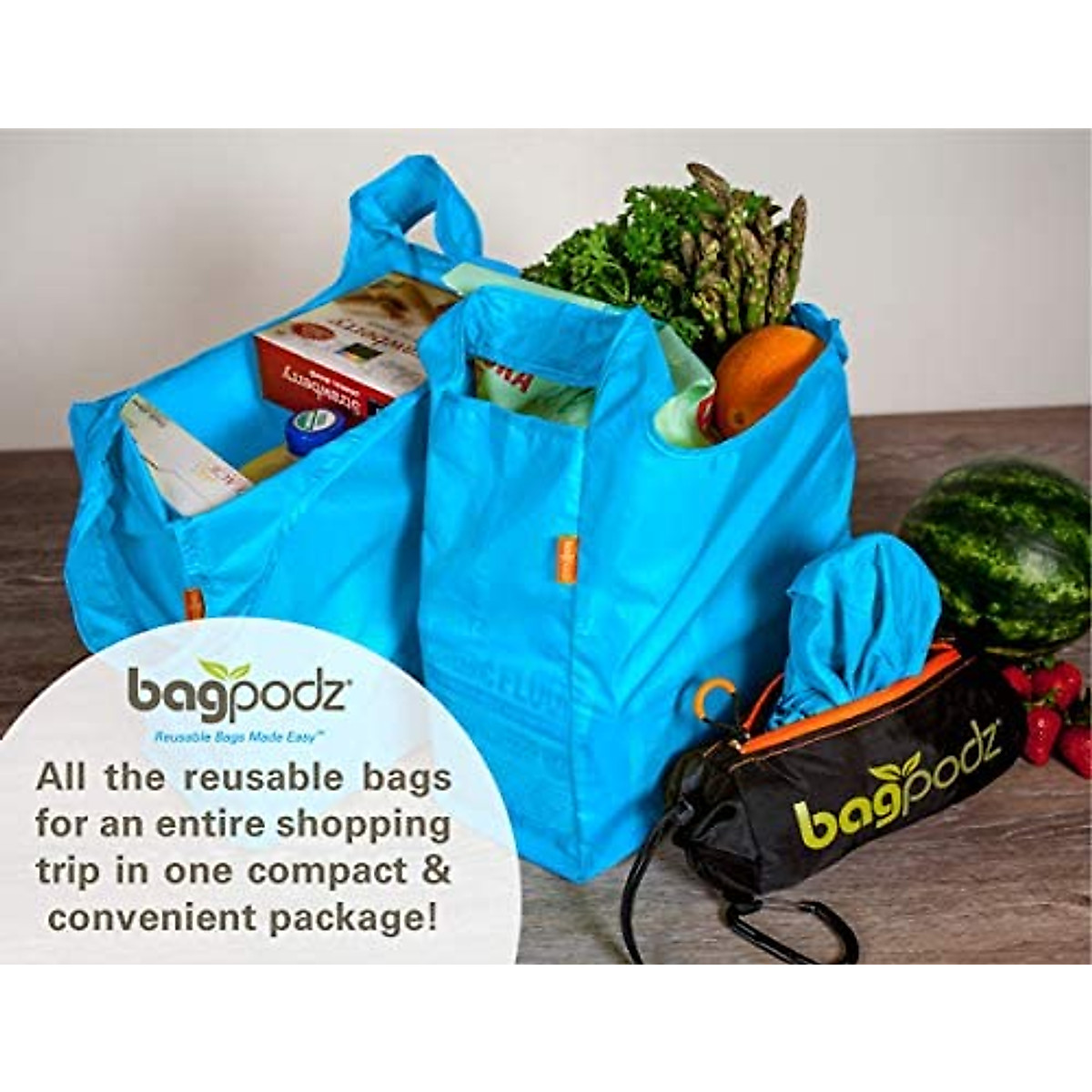 BagPodz Reusable Shopping Bags Inside a Compact Pod with Carry Clip - Washable Grocery Shopping Bags - Reusable Grocery Bags Heavy Duty RipStop Nylon Holds 50lbs Very Sturdy, 10 Pack in Blue