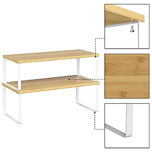 NEX Kitchen Cabinet and Counter Shelf Organizer, Stackable & Expandable, Set of 4, White and Natural - 7.7 x 15.6 x 6.2''