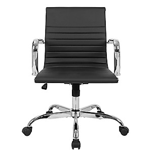 LANDSUN Home Office Chair Mid Back PU Leather Ribbed Swivel Tilt Adjustable Computer Desk Chair with Armrest Executive Conference Black
