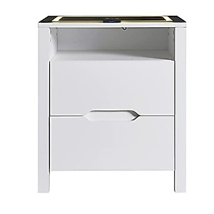 Modern Nightstands with Wireless Charging and Adjustable LED, Wooden End Side Table with 2 Storage Drawers and Open Shelf, Bedside Table for Bedroom Living Room Office, White