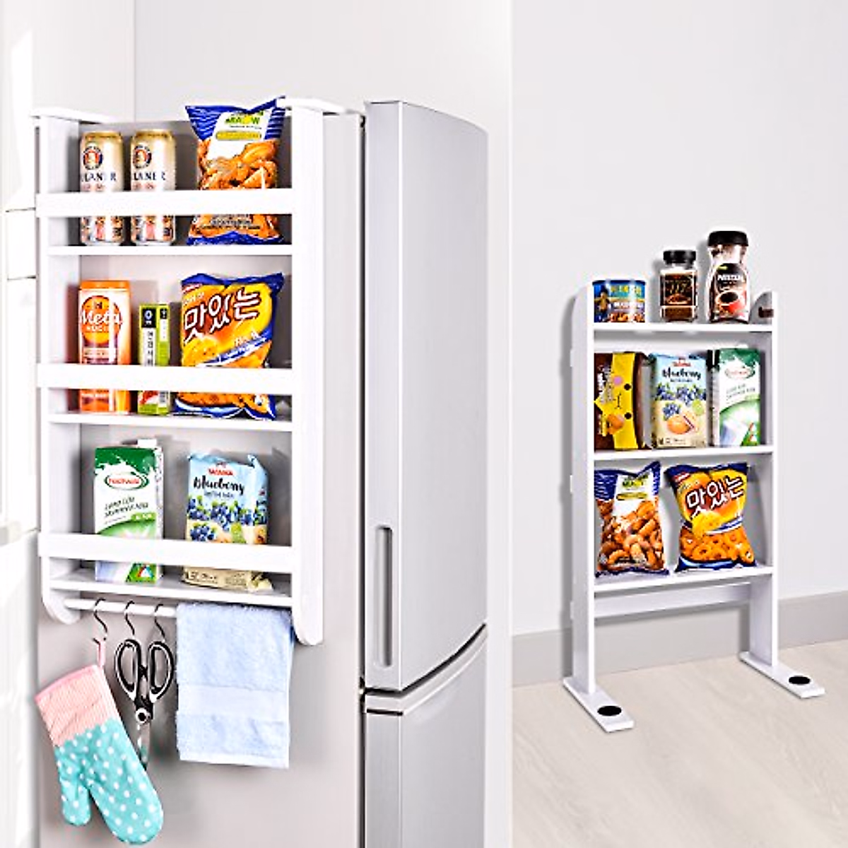 Rack Fridge Wood Organizer Refrigerator Side Storage Rack Paper Towel Holder, Rustproof Spice Jars Rack Kitchen Storage Wrap Rack Organizer Refrigerator Shelf Storage Adjustable Cabinet Door Mount