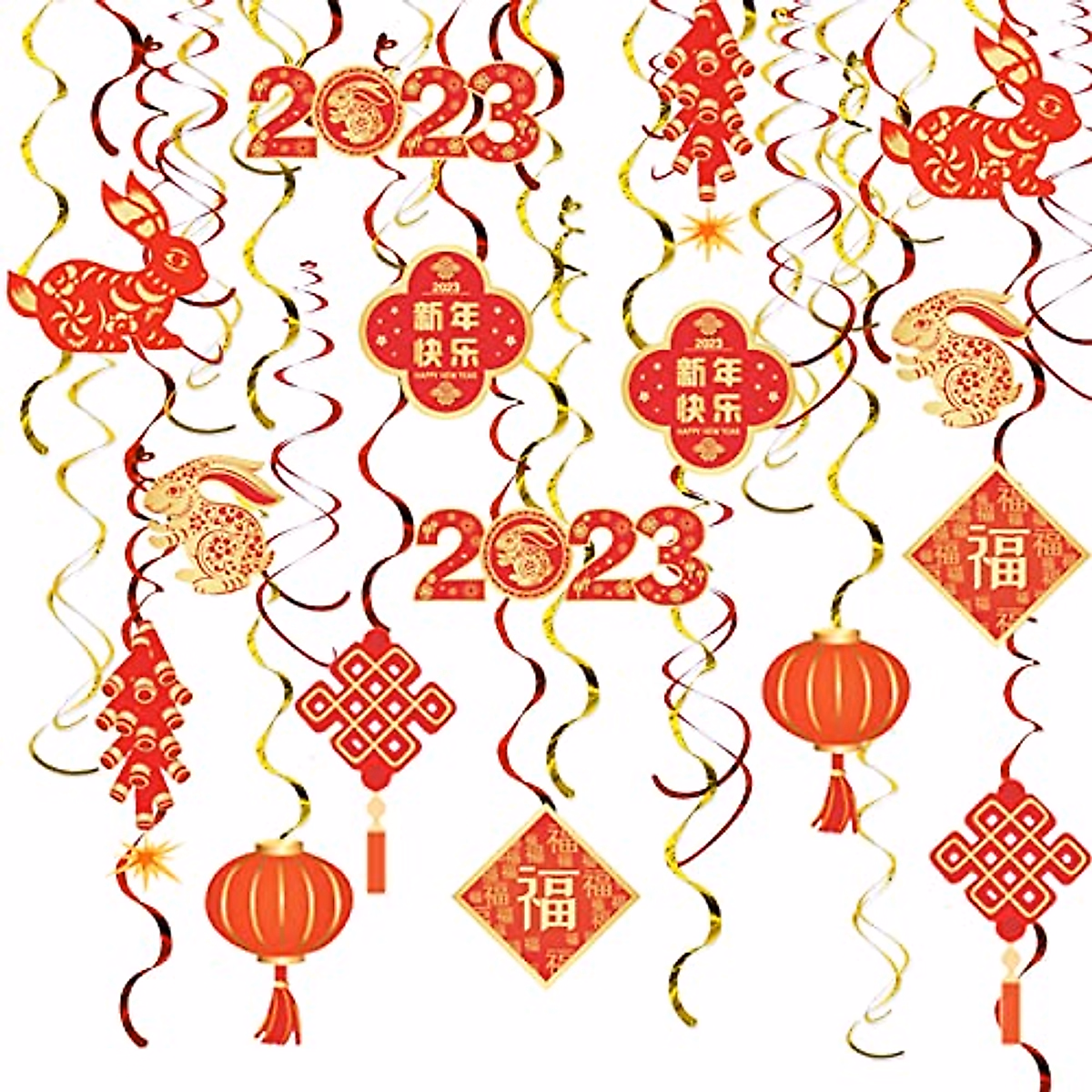 Chinese New Year Decoration Hanging Swirls, 30Pack 2023 Year of rabbit Ornaments Chinese Fu Character Décor Chinese Spring Festival Party Supplies