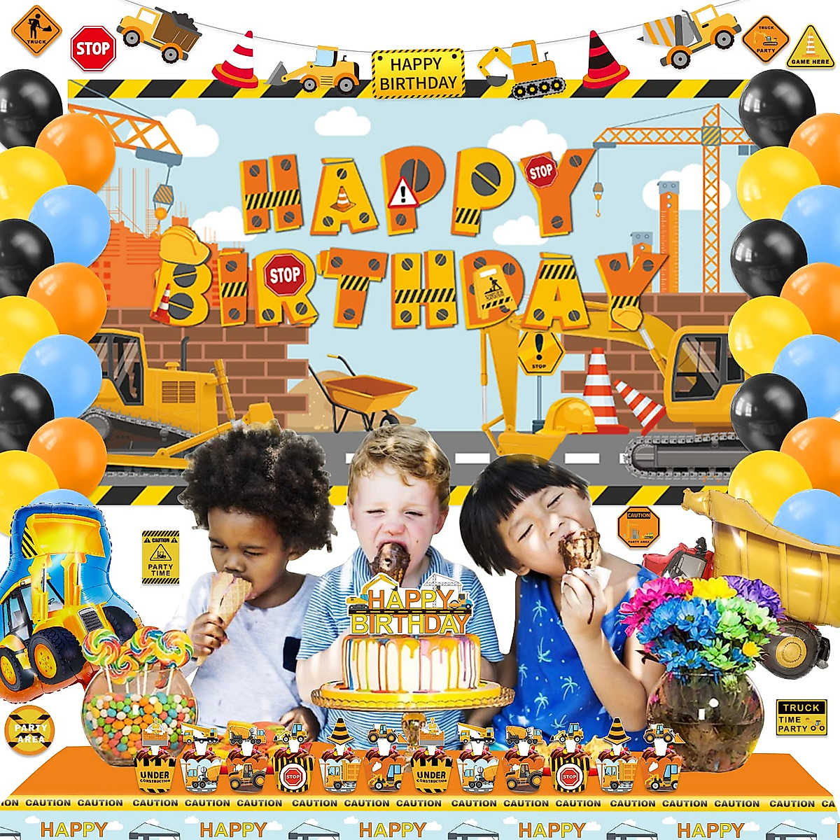 Mpanwen Construction Birthday Party Supplies, 136 Pcs Dump Truck Party Decorations for Boys Baby - Backdrop, Banner, Toppers, Balloons, Cupcakes Wrappers, Party Traffic Signs, Tablecloth