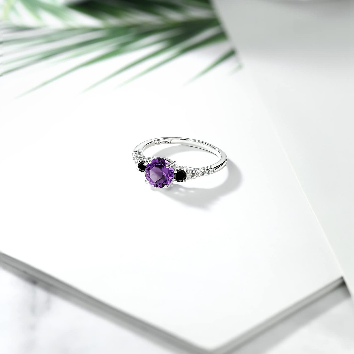 Gem Stone King 10K White Gold Purple Amethyst Black Diamond and White Diamond Accent 3-Stone Engagement Ring For Women (0.88 Cttw, Round 6MM, Gemstone February Birthstone, Size 7)