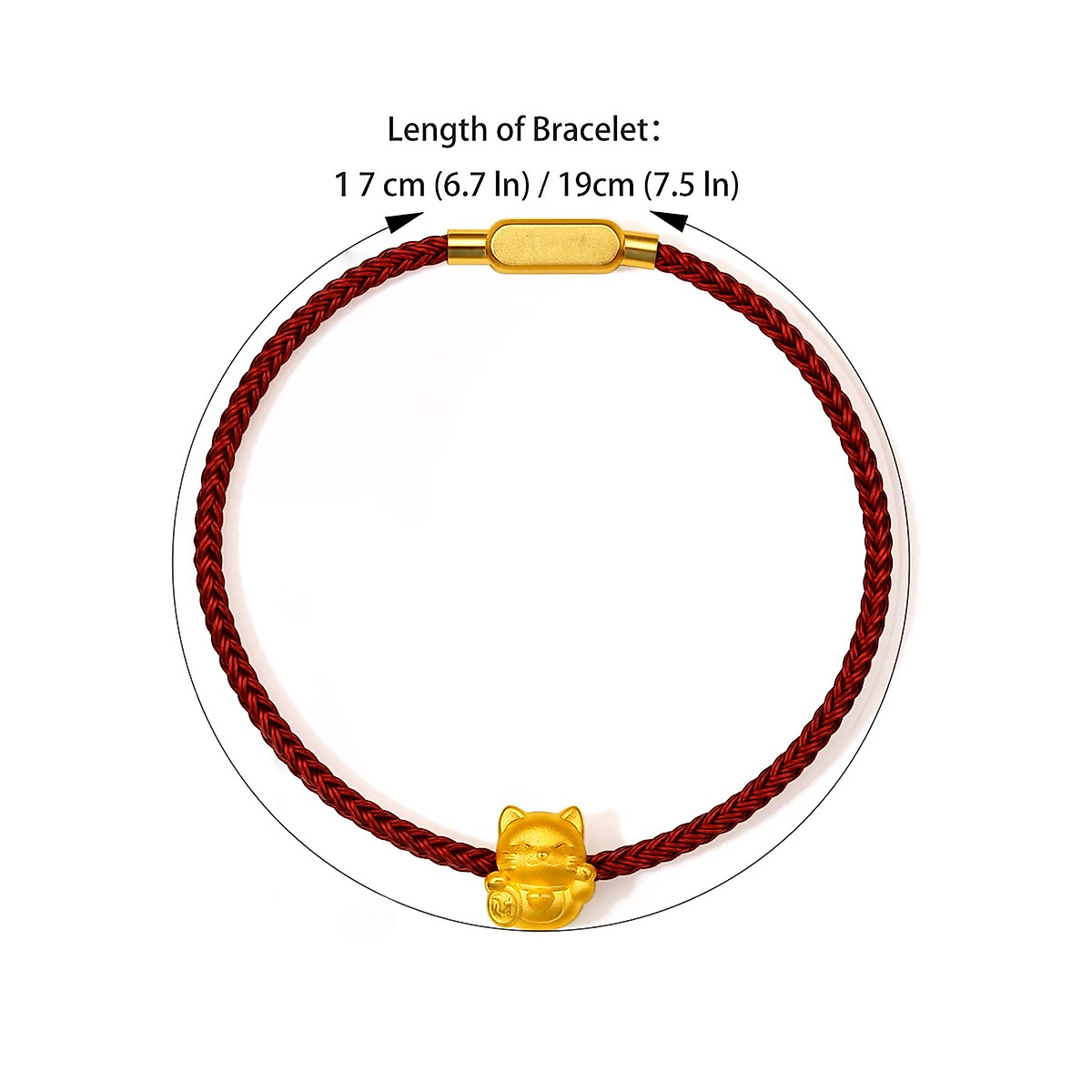 ZHOU LIU FU 24K Solid Gold Bracelet Real Gold Lucky Cat Charm Bracelet Yellow Gold Jewelry Fortune Cat Charm Bracelet for Women Red Bracelets (24K Solid Gold, 17cm /6.69 inch)