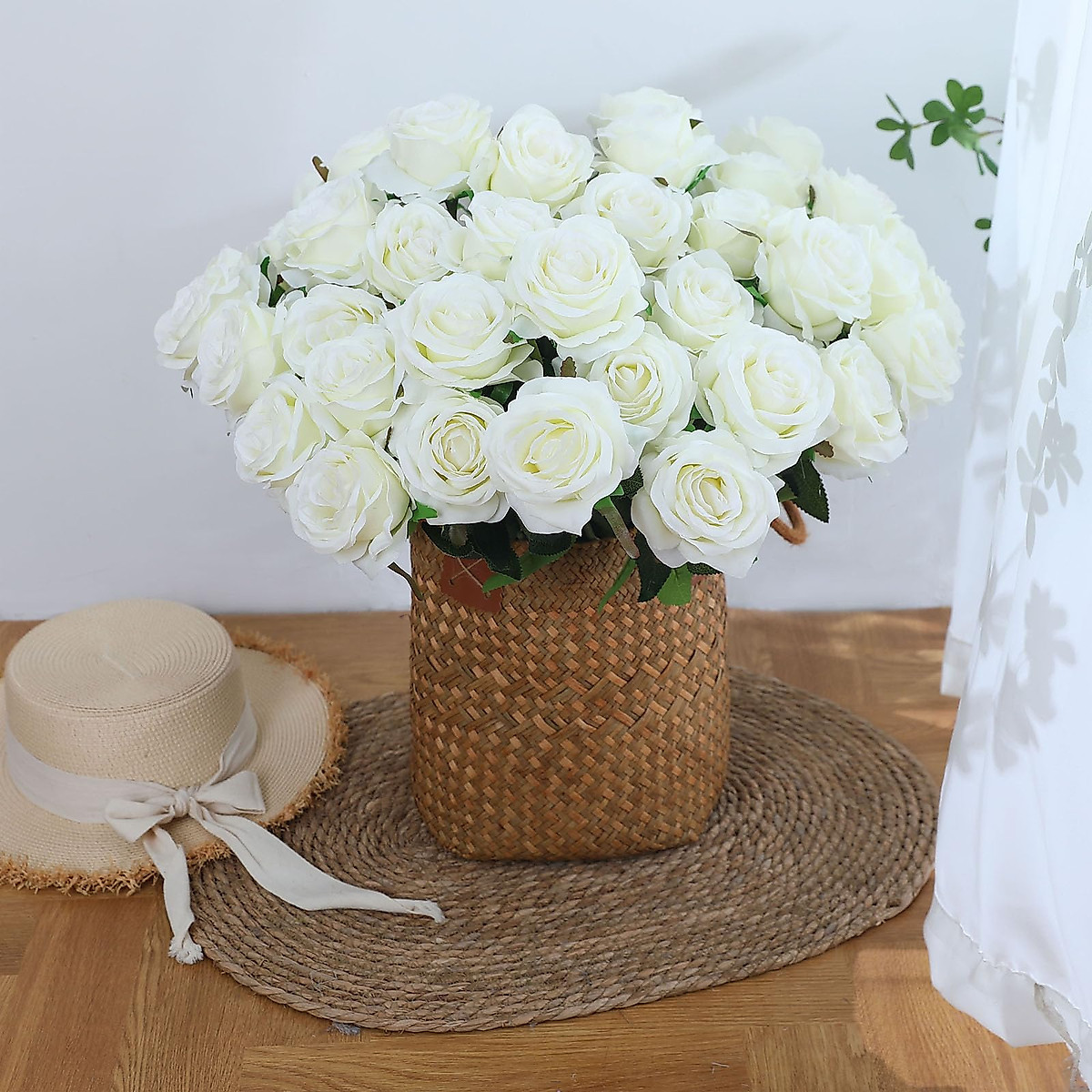 Fake Roses Artificial Silk Flowers - 12 Pcs White Roses Artificial Faux Flowers with Stems for Home Wedding Centerpiece Hotel Office Decor