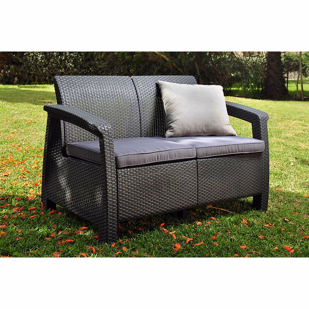 Keter Corfu Resin Wicker Loveseat with Outdoor Cushions – Patio Furniture Perfect for Front Porch Décor and Poolside Seating, Grey
