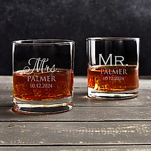 Lifetime Creations Pair (2) Engraved Personalized Mr. & Mrs. Whiskey Glasses 10.5 oz - Old Fashioned Rocks Glass Wedding Gift for Bride & Groom, Newlywed Engagement Gift, Dishwasher Safe