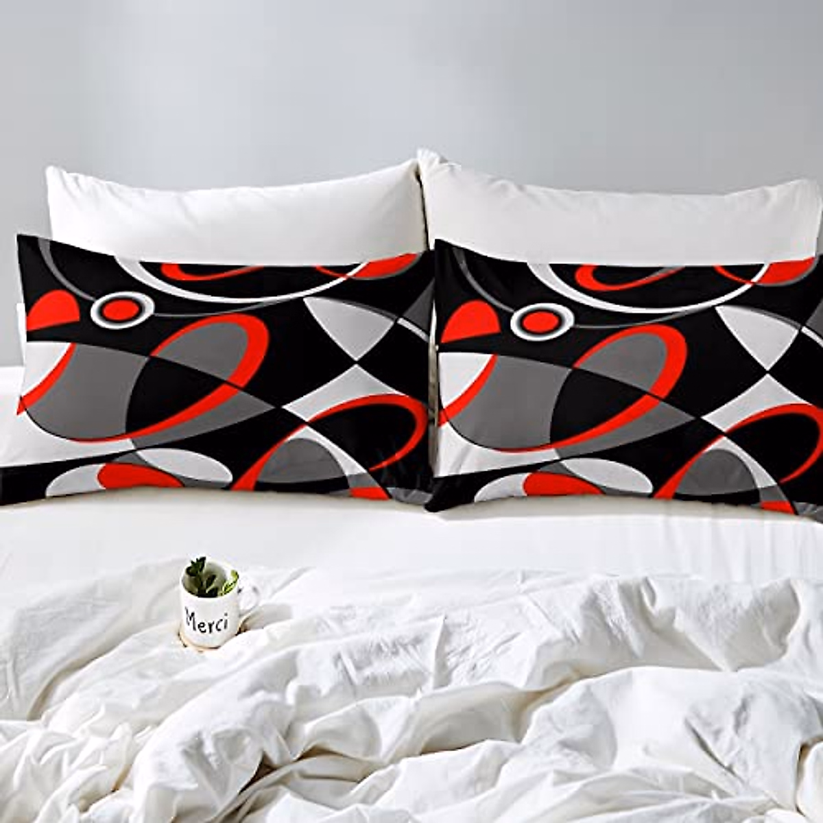 5Pcs Red Grey and Black Duvet Cover Set Full Size & Curtain Set: 1 Duvet Cover + 2 Pillowcase + 2 Panels of 42 W x 63 L inch Each