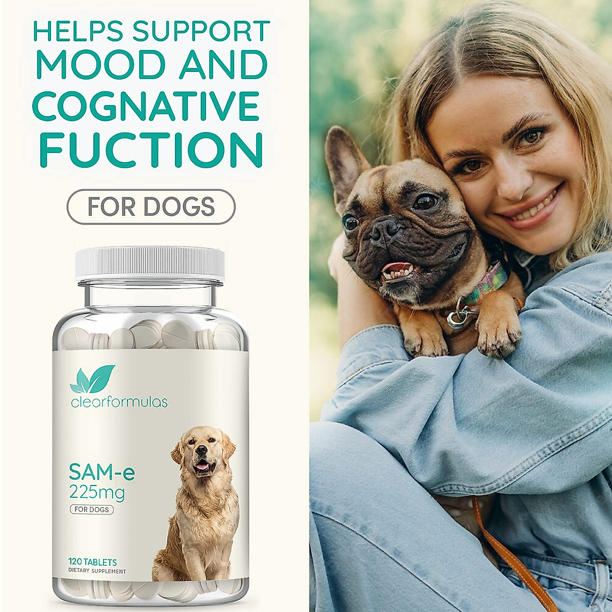 ClearFormulas Sam-e for Dogs, S-Adenosyl-L-Methionine, 225mg 120 Chewable Tablets, Natural Hepatic Liver Health Support