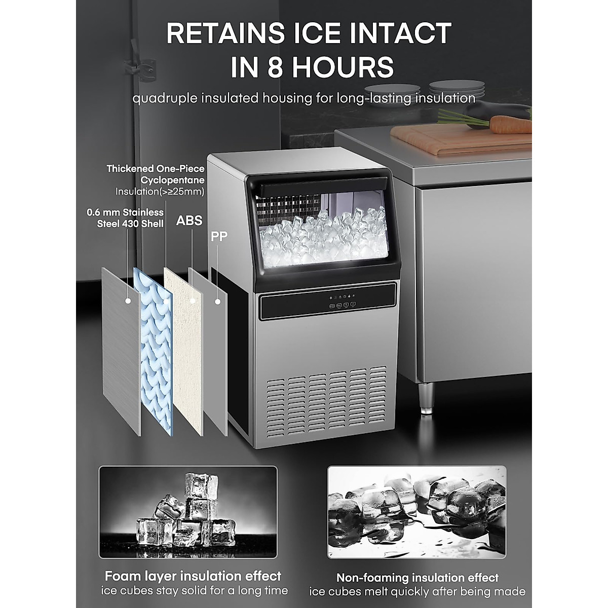 100lbs Commercial Ice Maker Machine per Day, Stainless Steel Housing Under Counter Ice Machine with 33lbs Storage Capacity, Freestanding Ice Maker, Ideal for Restaurant, Bars, Home Offices, FOHERE