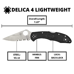 Spyderco Delica 4 Lightweight Knife with Flat Ground Steel Blade and Tunnel to Towers Black FRN Handle - CombinationEdge - C11FPSBKBL